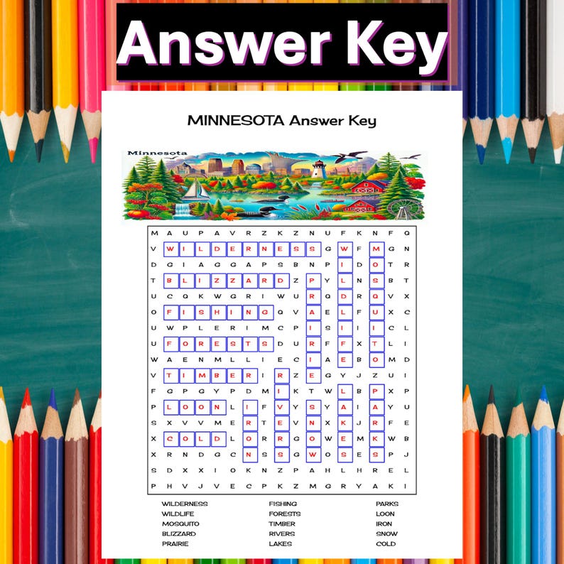 MINNESOTA Word Search Puzzle and Answer Key|us States Worksheet|social ...