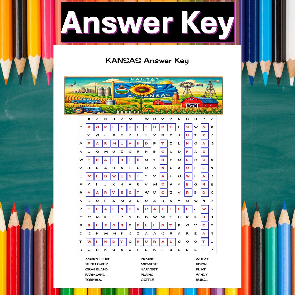 KANSAS Word Search Puzzle and Answer Key|us States Worksheet|social ...
