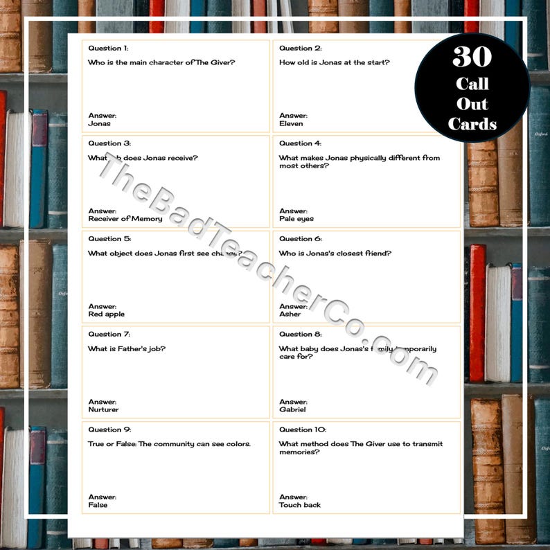 The Giver Book Bingo Game|30 BINGO CARDS|30 Call Out Cards|4th-6th ELAR ...