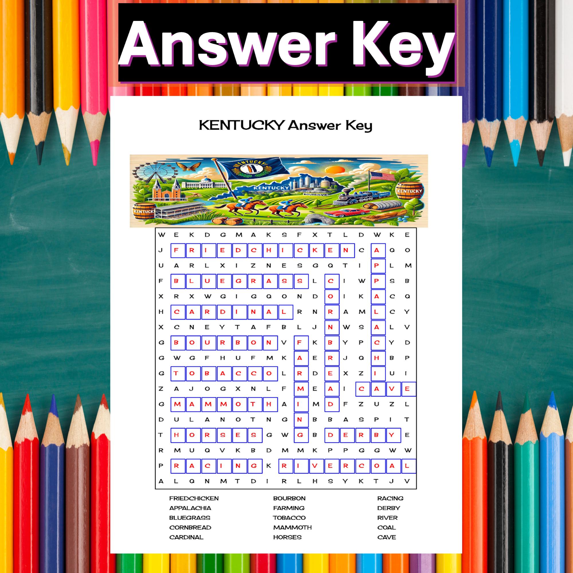 KENTUCKY Word Search Puzzle and Answer Key|us States Worksheet|social ...