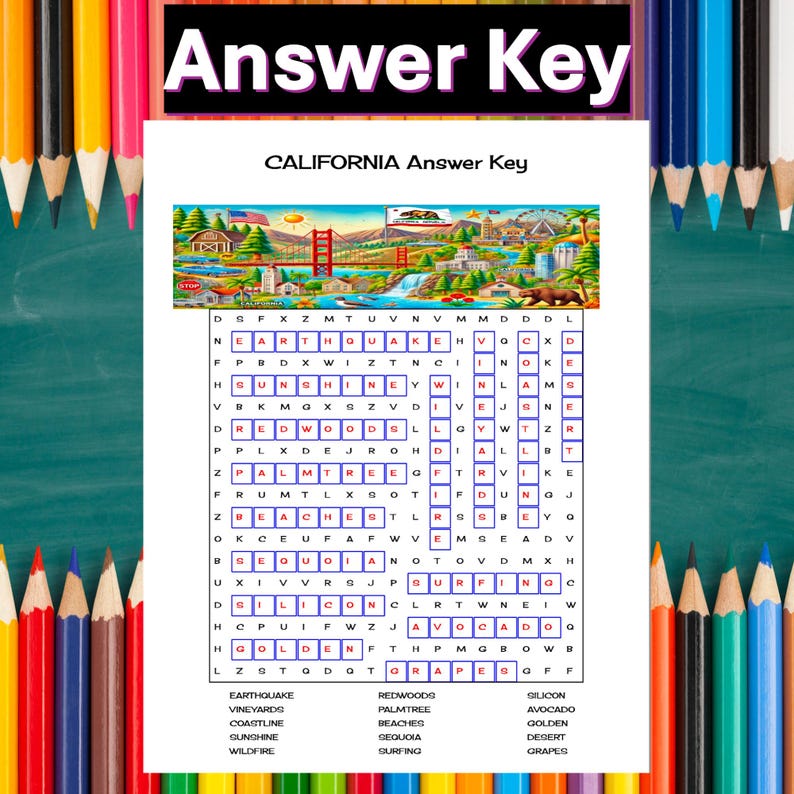 CALIFORNIA Word Search Puzzle and Answer Key|us States Worksheet|social ...