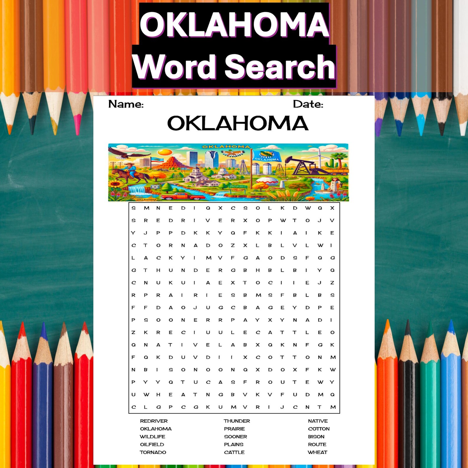 OKLAHOMA Word Search Puzzle and Answer Key|us States Worksheet|social ...