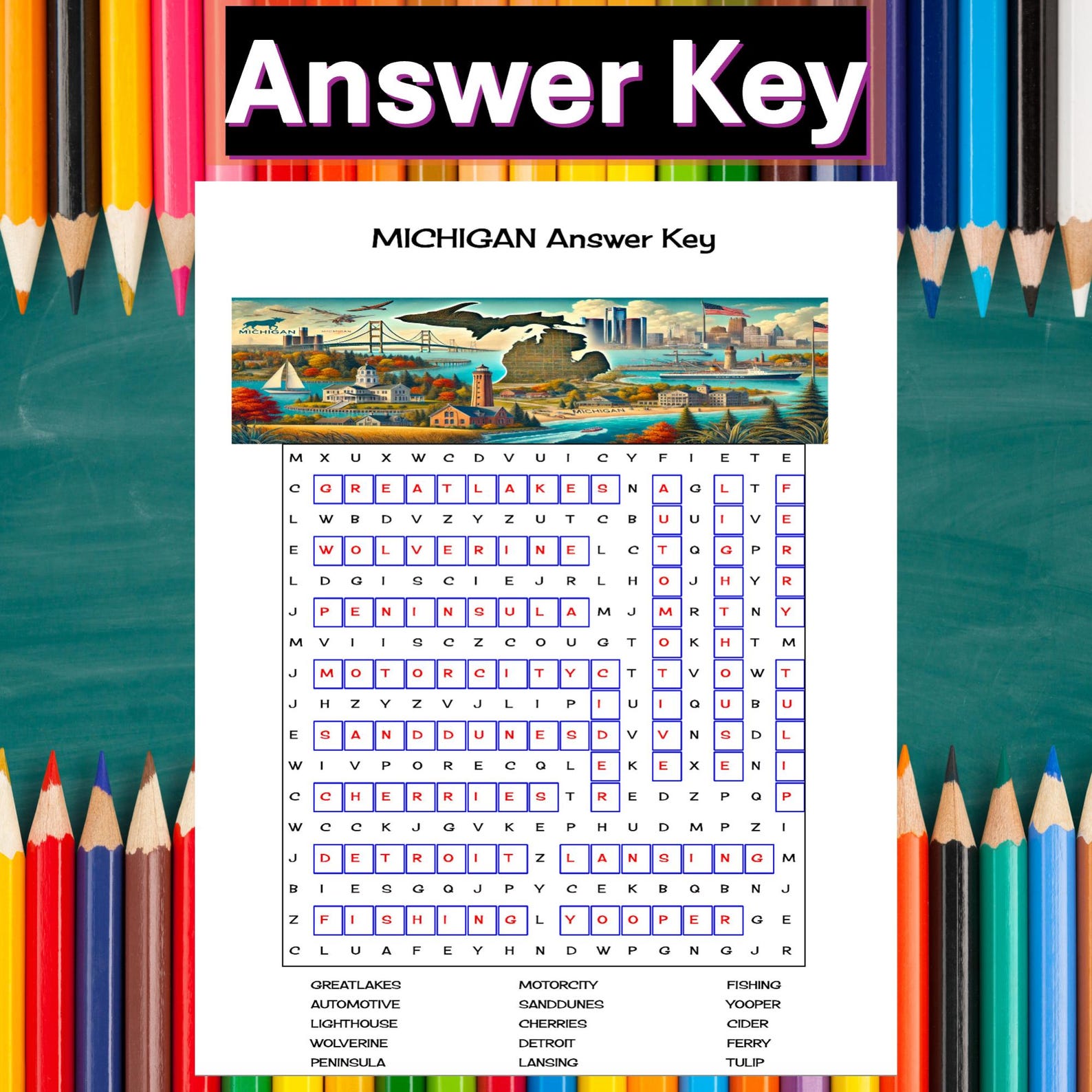 MICHIGAN Word Search Puzzle and Answer Key|us States Worksheet|social ...