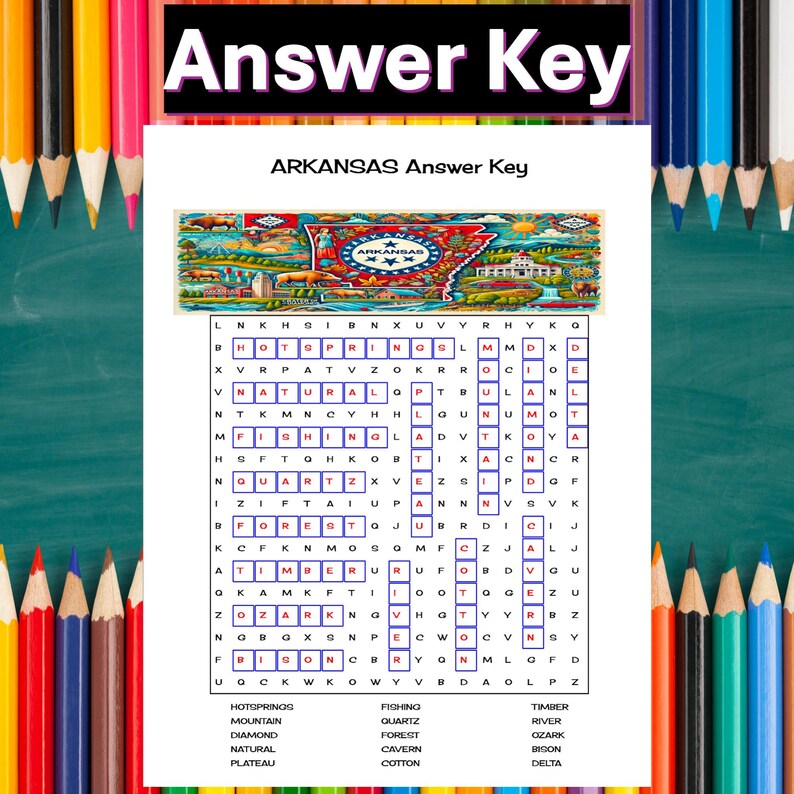 ARKANSAS Word Search Puzzle and Answer Key|us States Worksheet|social ...