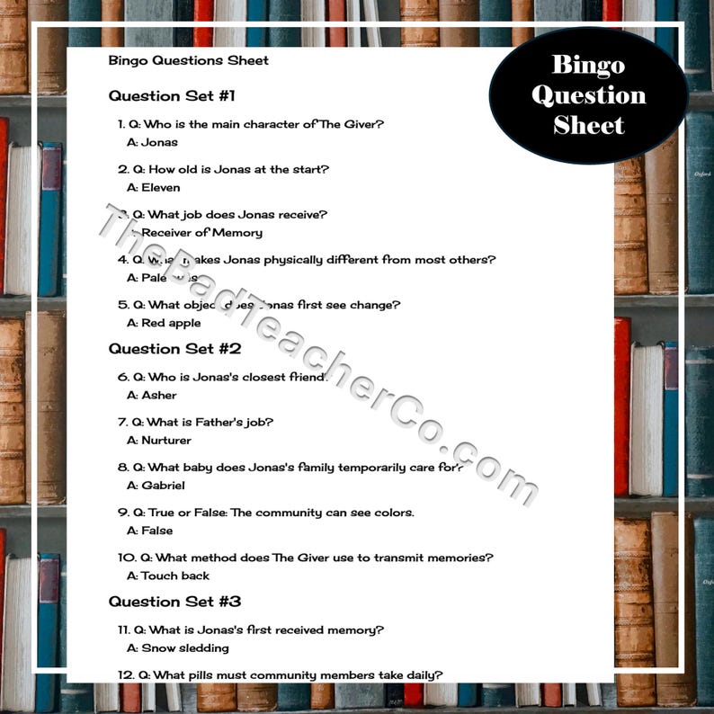 The Giver Book Bingo Game|30 BINGO CARDS|30 Call Out Cards|4th-6th ELAR ...