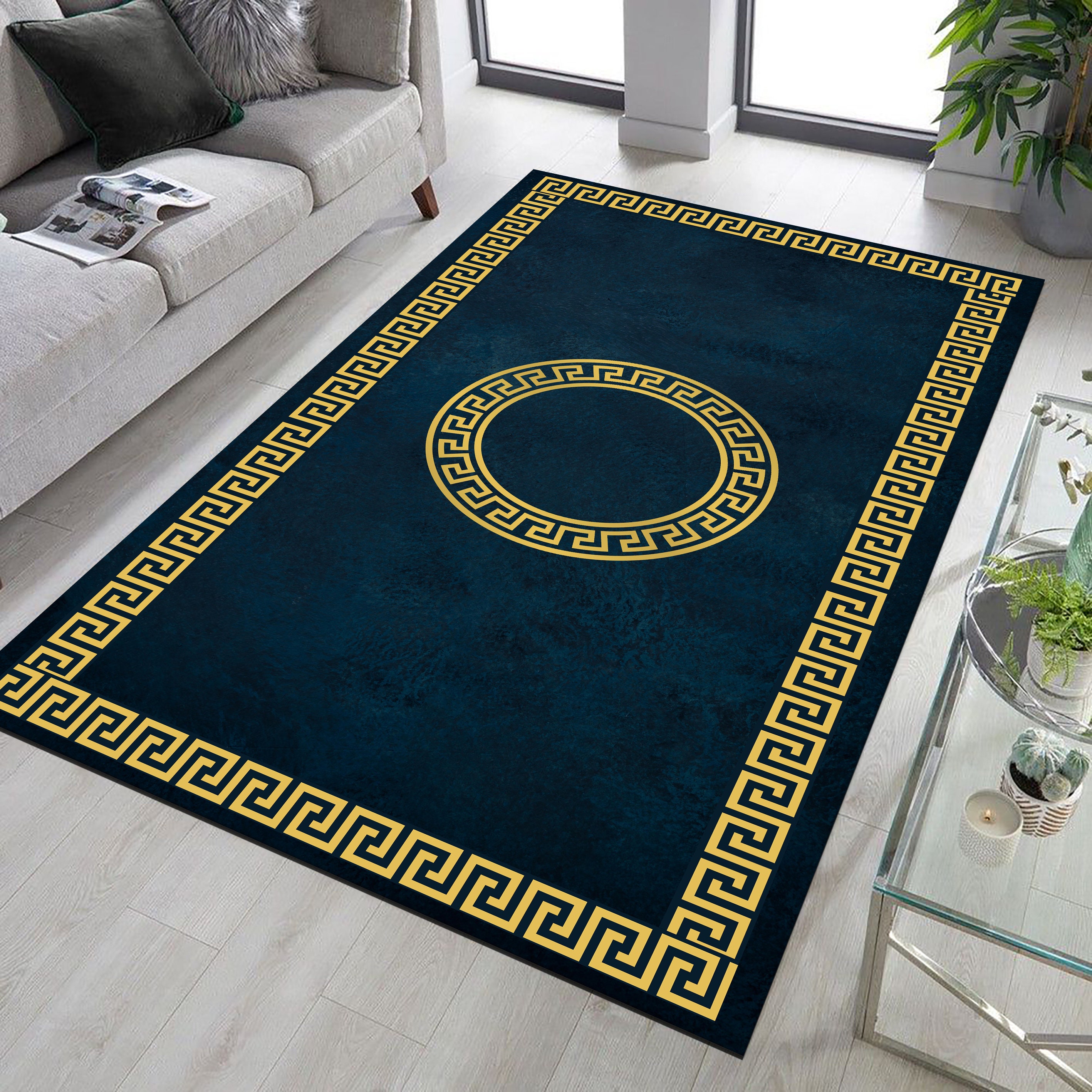 Blue and Gold Ancient Greek Wave Rug, Greek Mythology, Modern Rug ...