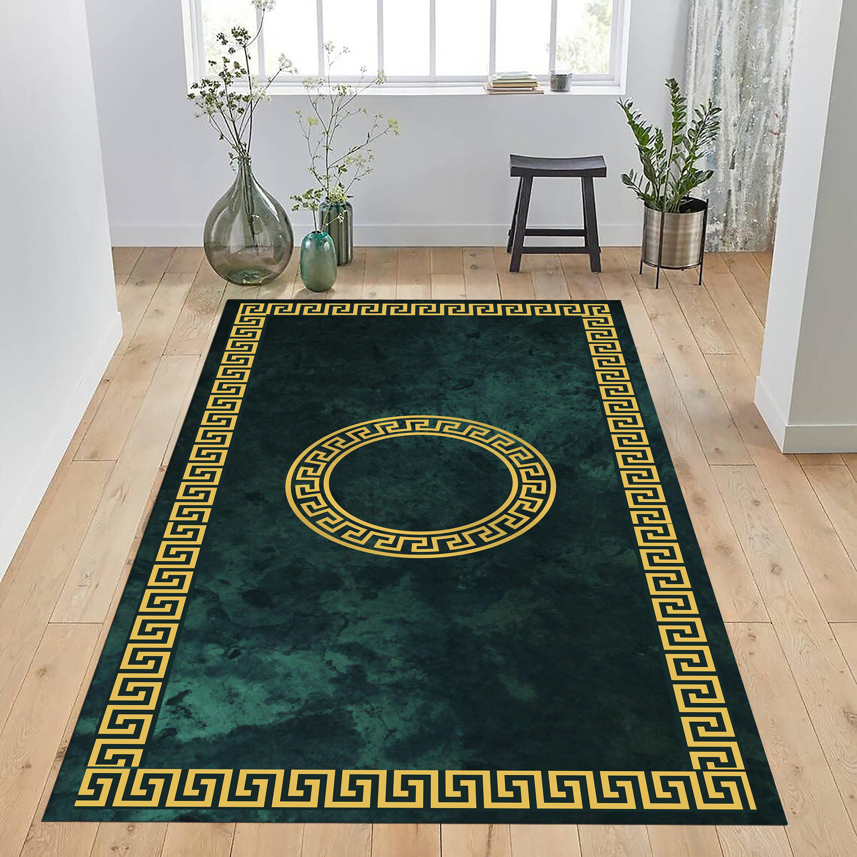 Green and Gold Ancient Greek Wave Rug, Greek Mythology, Modern Rug ...