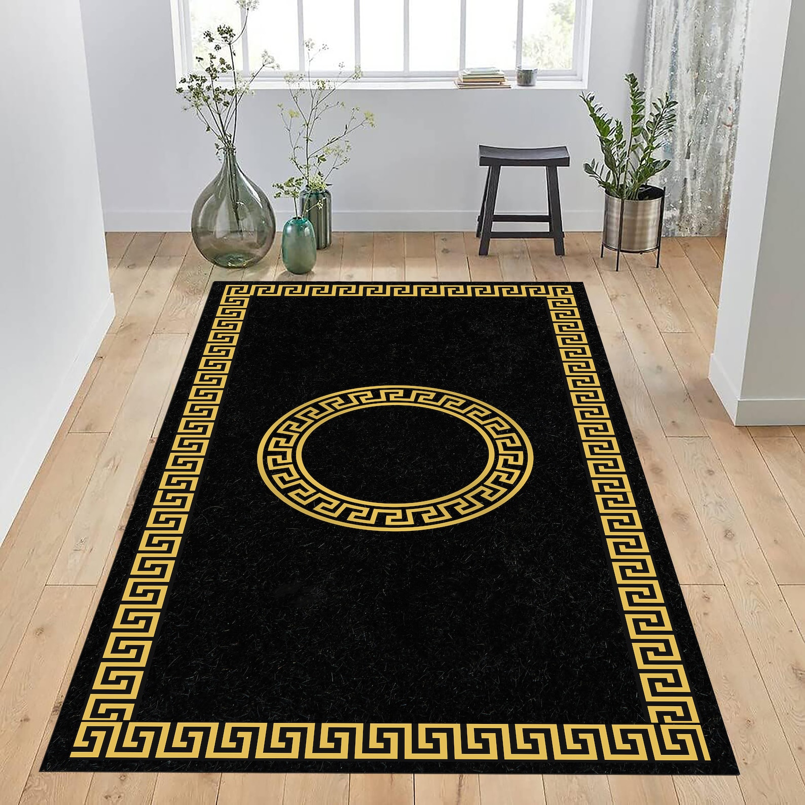 Black and Gold Greek Wave Rug, Machine Washable Carpet - Etsy
