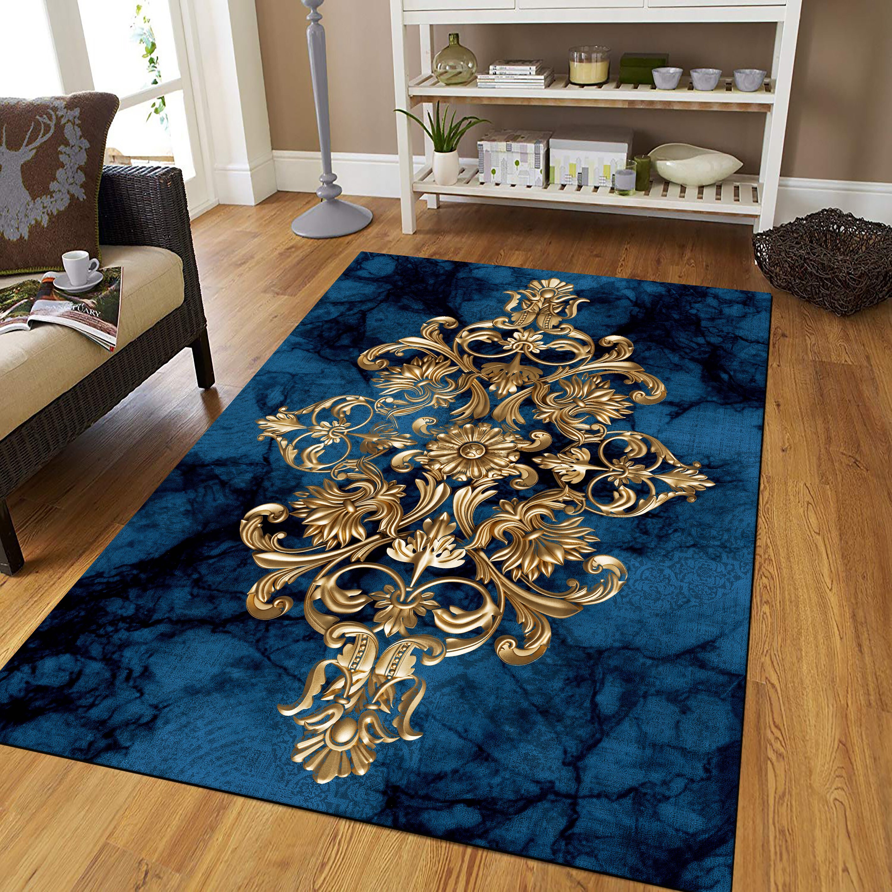 Blue and Gold Damask Rug, Ethnic Design Floral Carpet, Oriental Floor ...