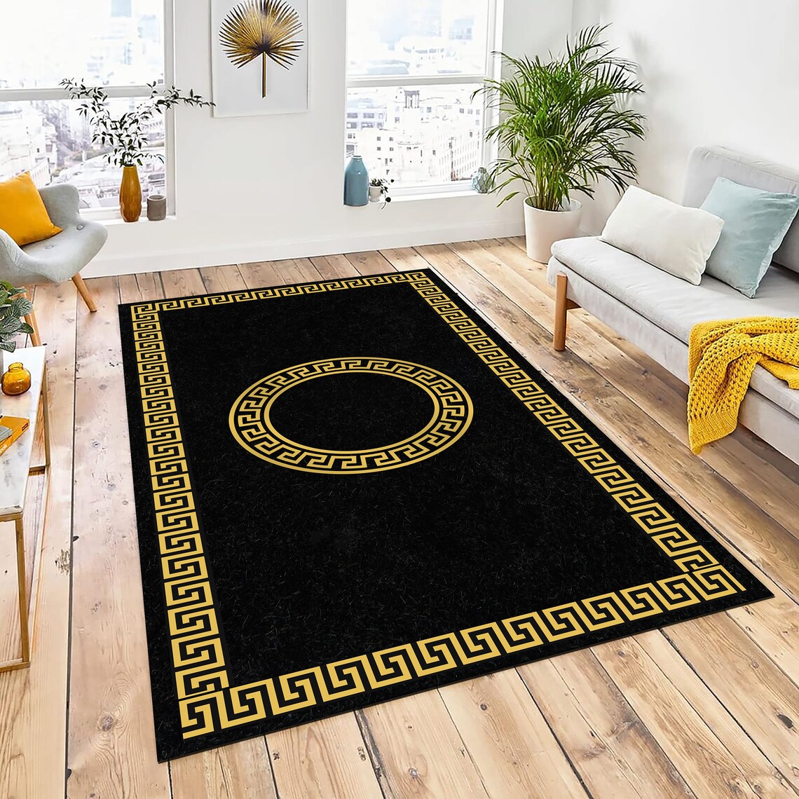Black and Gold Ancient Greek Wave Rug, Greek Mythology, Modern Rug ...