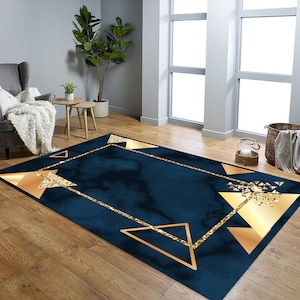 Blue and Gold Marble Texture Rug, Lxuury Home Decor, Modern Rug ...