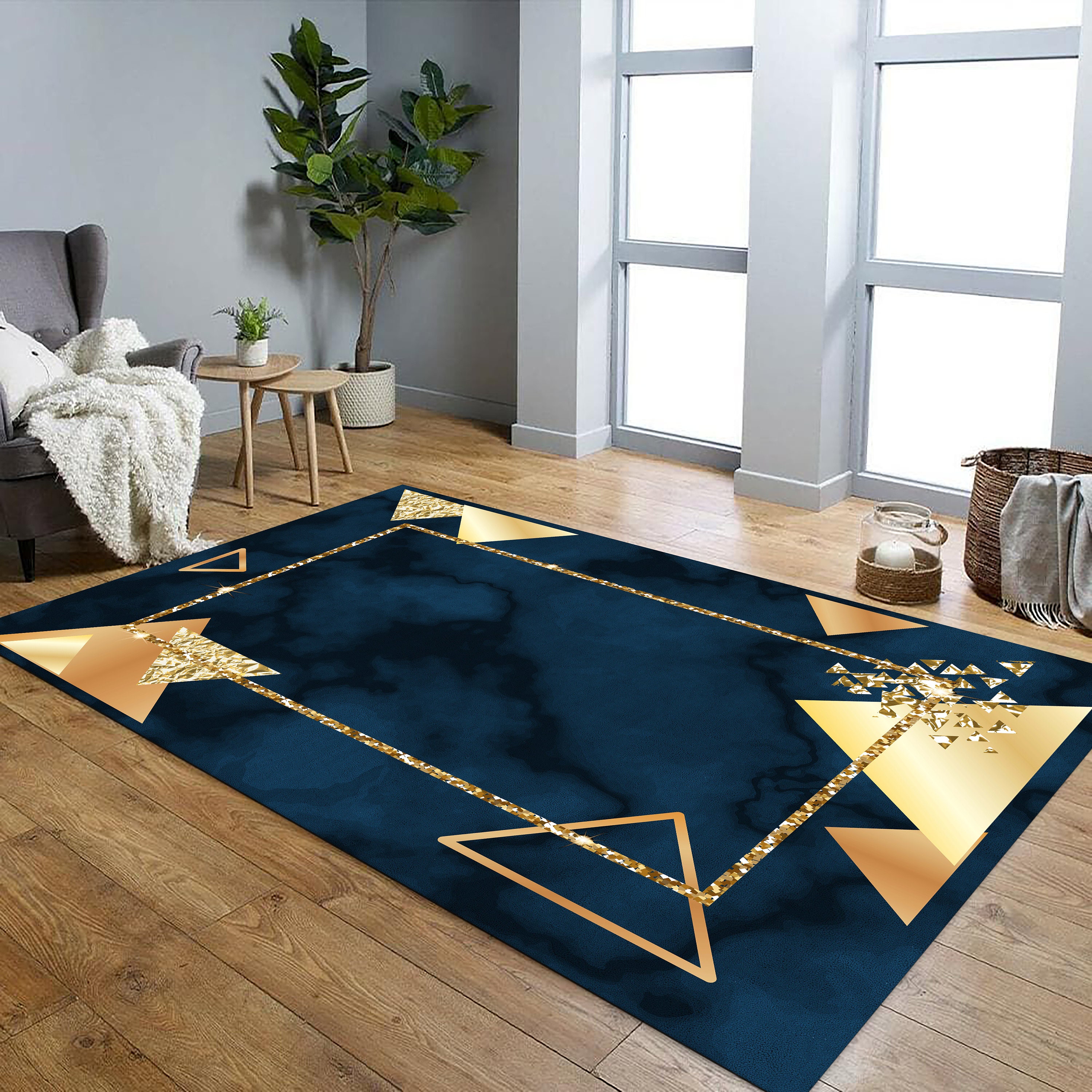 Blue and Gold Marble Texture Rug, Lxuury Home Decor, Modern Rug ...