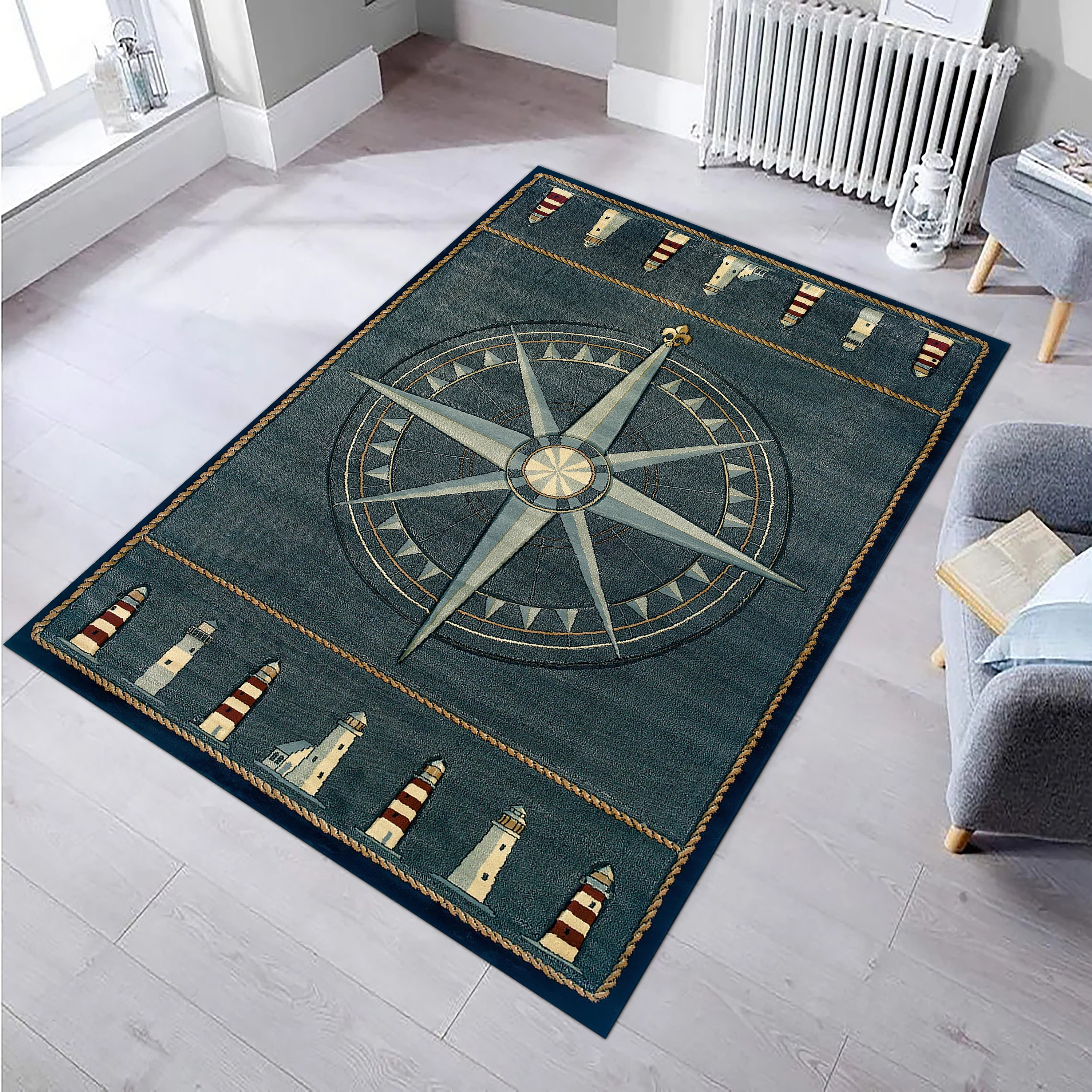 Lighthouse Nautical Rug, Compass Design, Compass Rug,rug Decoration ...