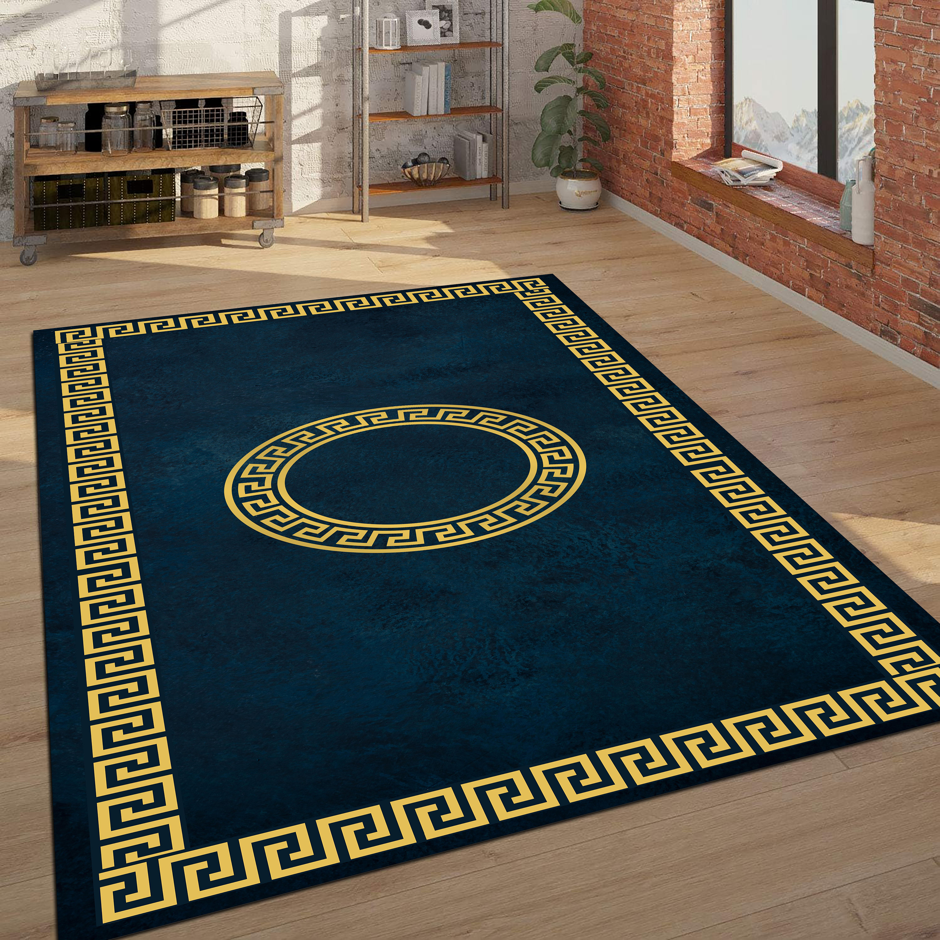 Blue and Gold Ancient Greek Wave Rug, Greek Mythology, Modern Rug ...