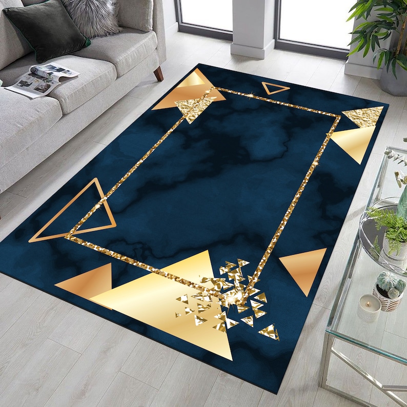 Blue and Gold Marble Texture Rug, Lxuury Home Decor, Modern Rug ...