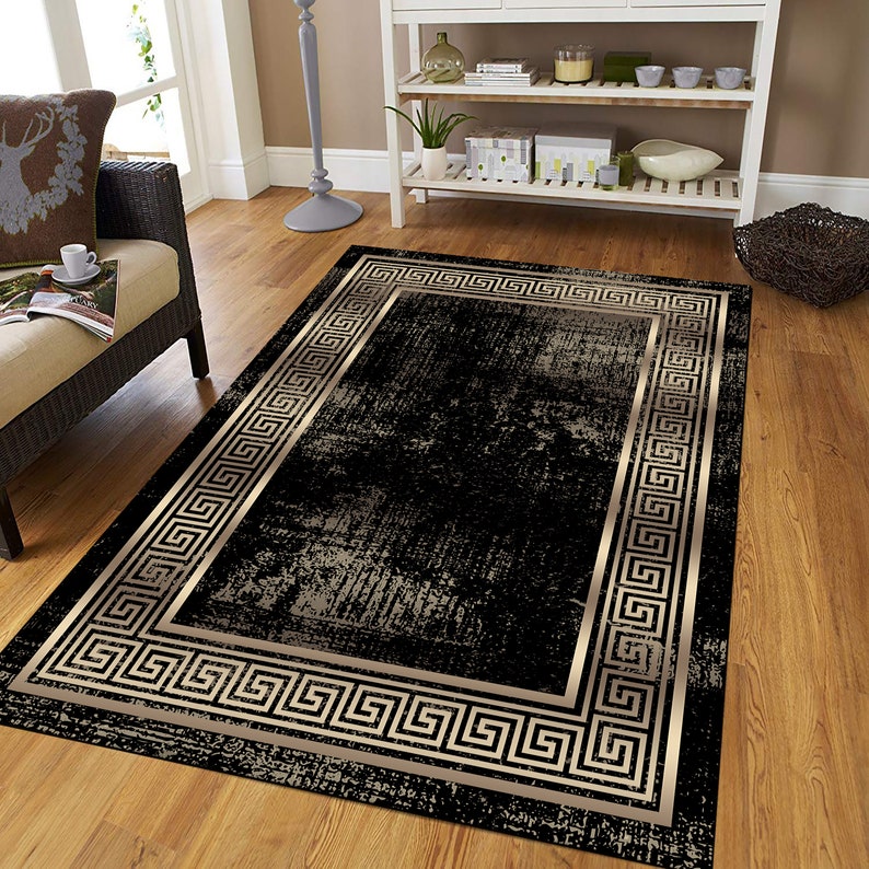 Black and Gold Ancient Greek Wave Rug, Greek Mythology, Modern Rug ...