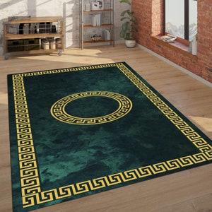 Green and Gold Ancient Greek Wave Rug, Greek Mythology, Modern Rug ...