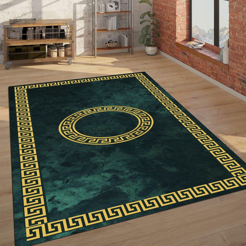 Green and Gold Ancient Greek Wave Rug, Greek Mythology, Modern Rug ...