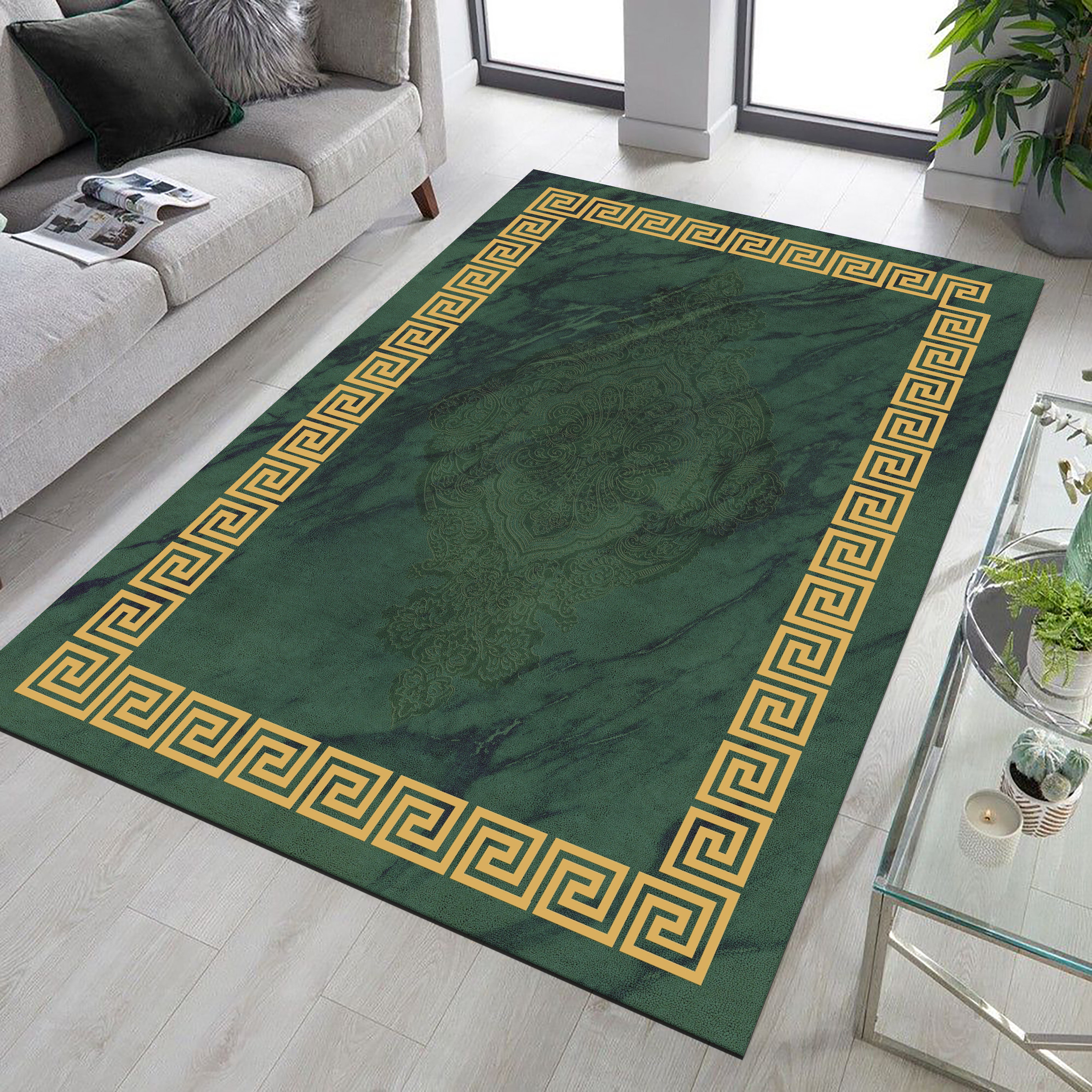 Green and Gold Ancient Greek Wave Rug, Greek Mythology, Modern Rug ...
