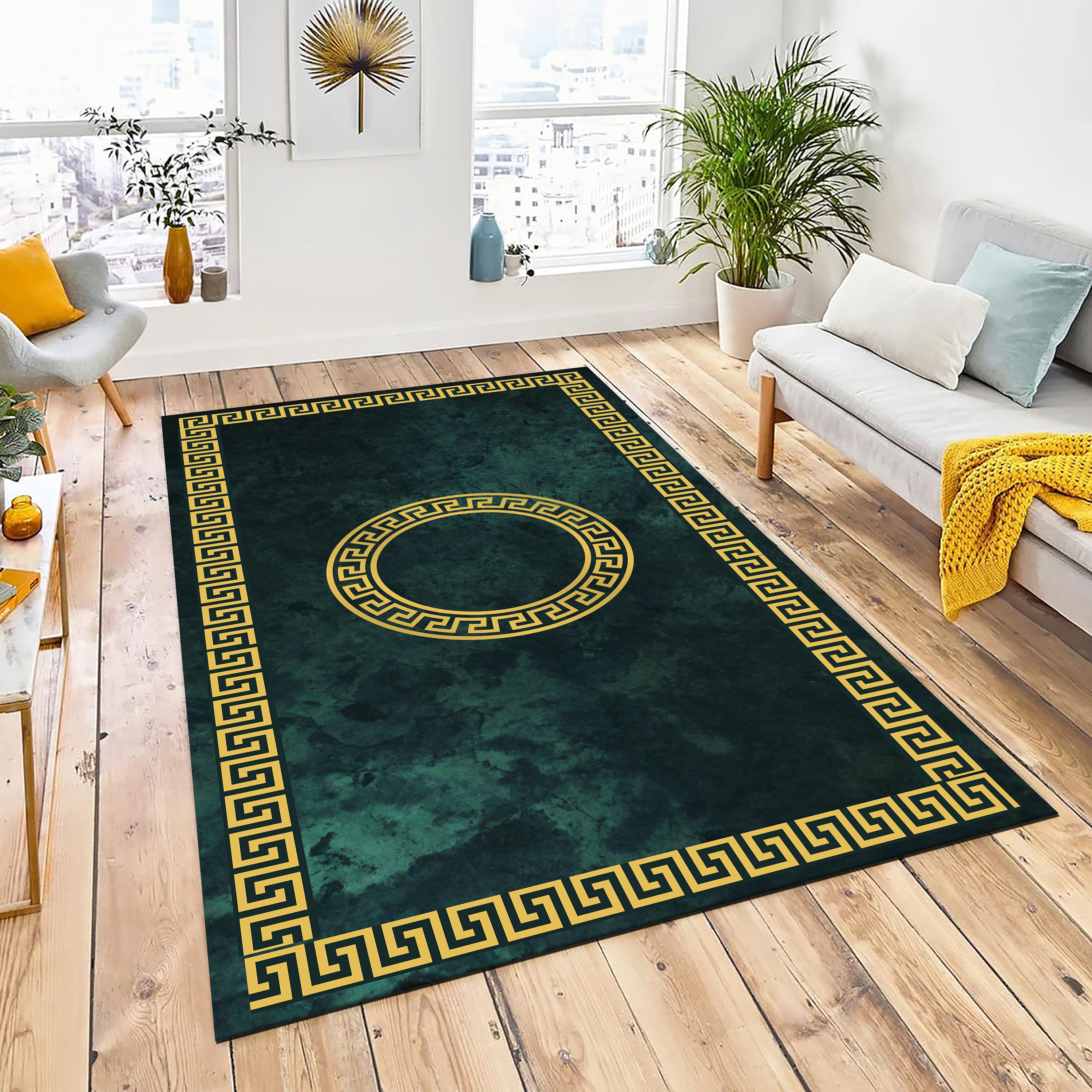 Green and Gold Ancient Greek Wave Rug, Greek Mythology, Modern Rug ...