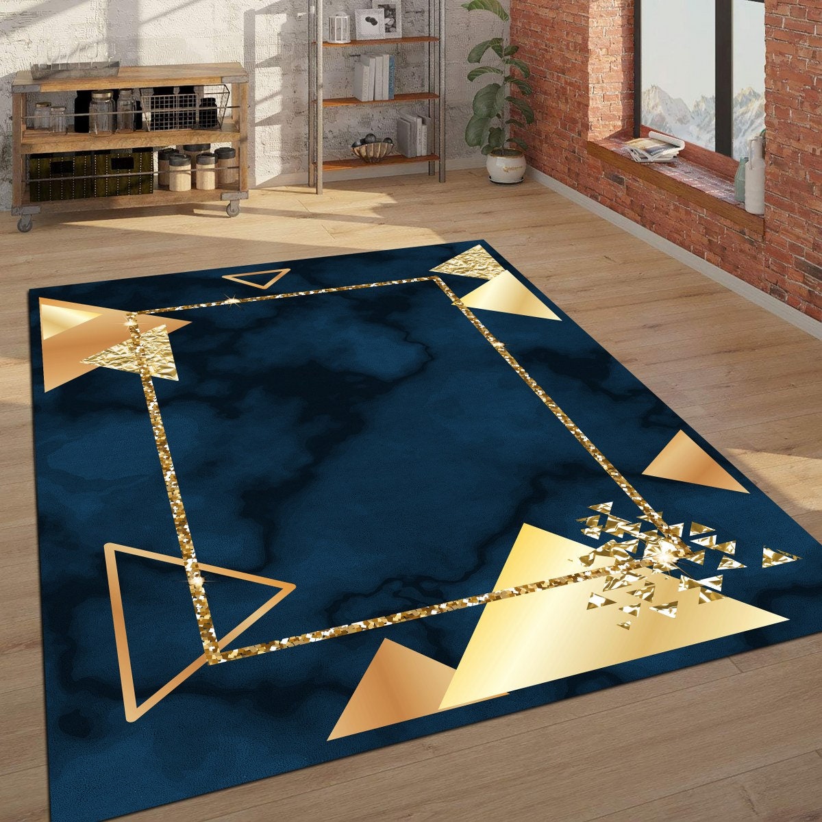 Blue and Gold Marble Texture Rug, Lxuury Home Decor, Modern Rug ...