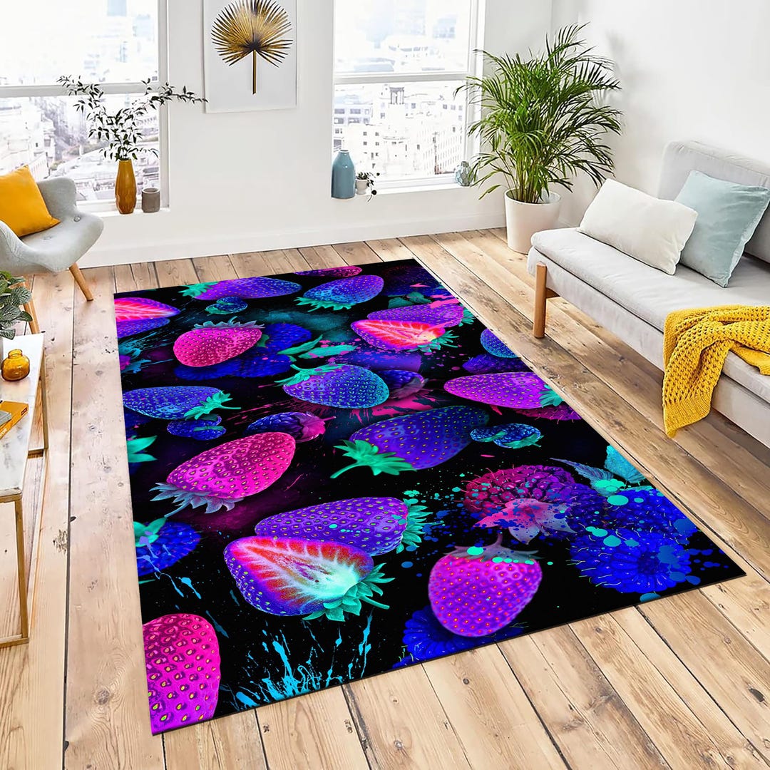 Neon Fruit Rug, Colorful Strawberry Carpet, Arcade Fruit Rug, Vibrant ...