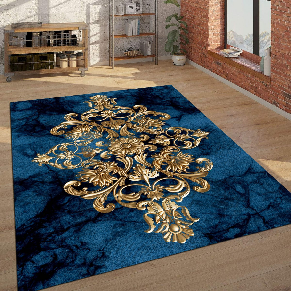 Blue and Gold Damask Rug, Ethnic Design Floral Carpet, Oriental Floor ...