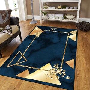 Blue and Gold Marble Texture Rug, Lxuury Home Decor, Modern Rug ...