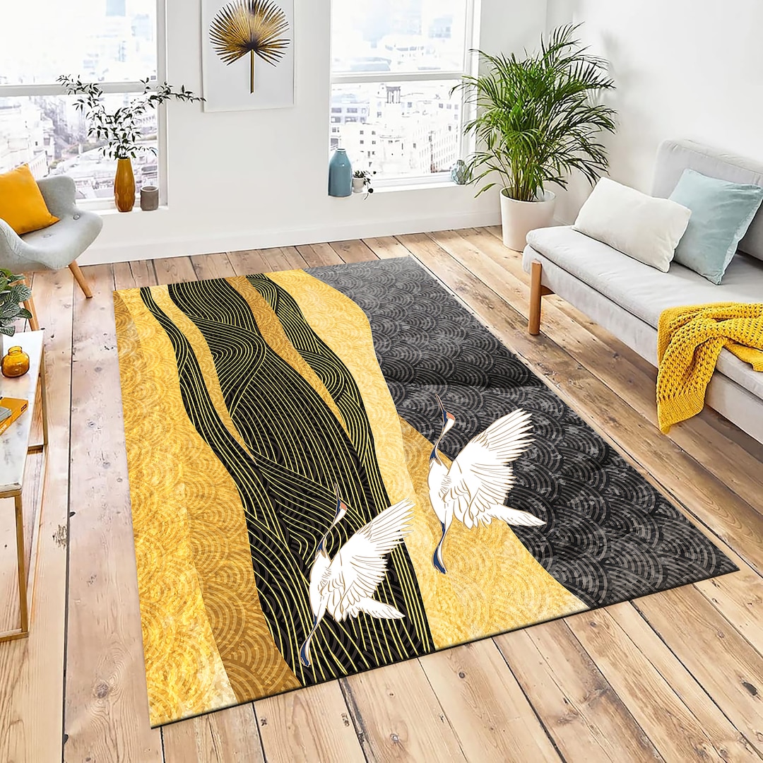 Japanese Art Crane Bird Rug, Crane Birds Carpet, Gold Texture Rug ...