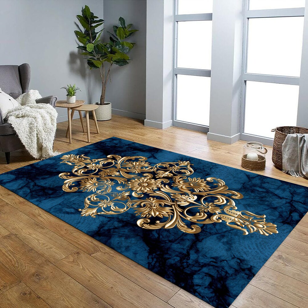 Blue and Gold Damask Rug, Ethnic Design Floral Carpet, Oriental Floor ...