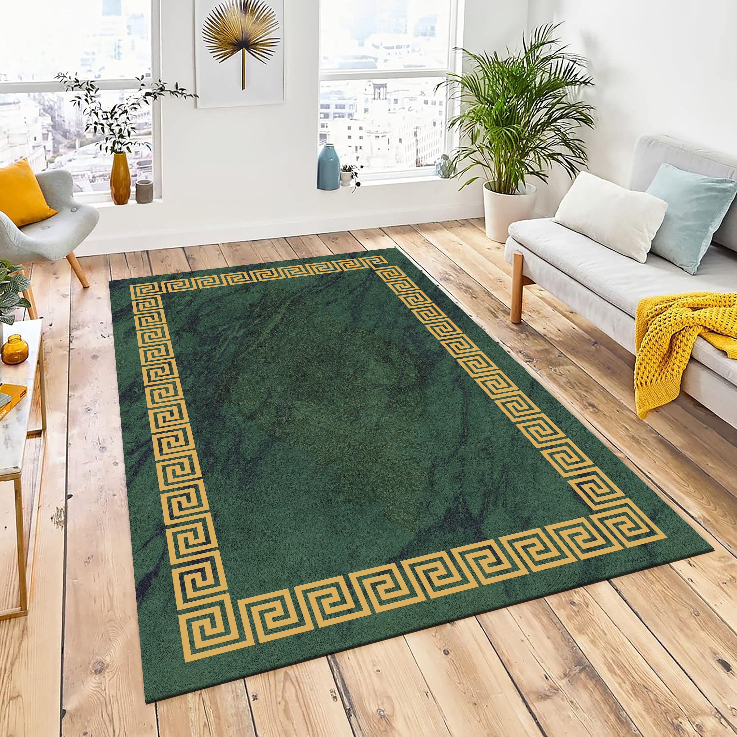 Green and Gold Ancient Greek Wave Rug, Greek Mythology, Modern Rug ...
