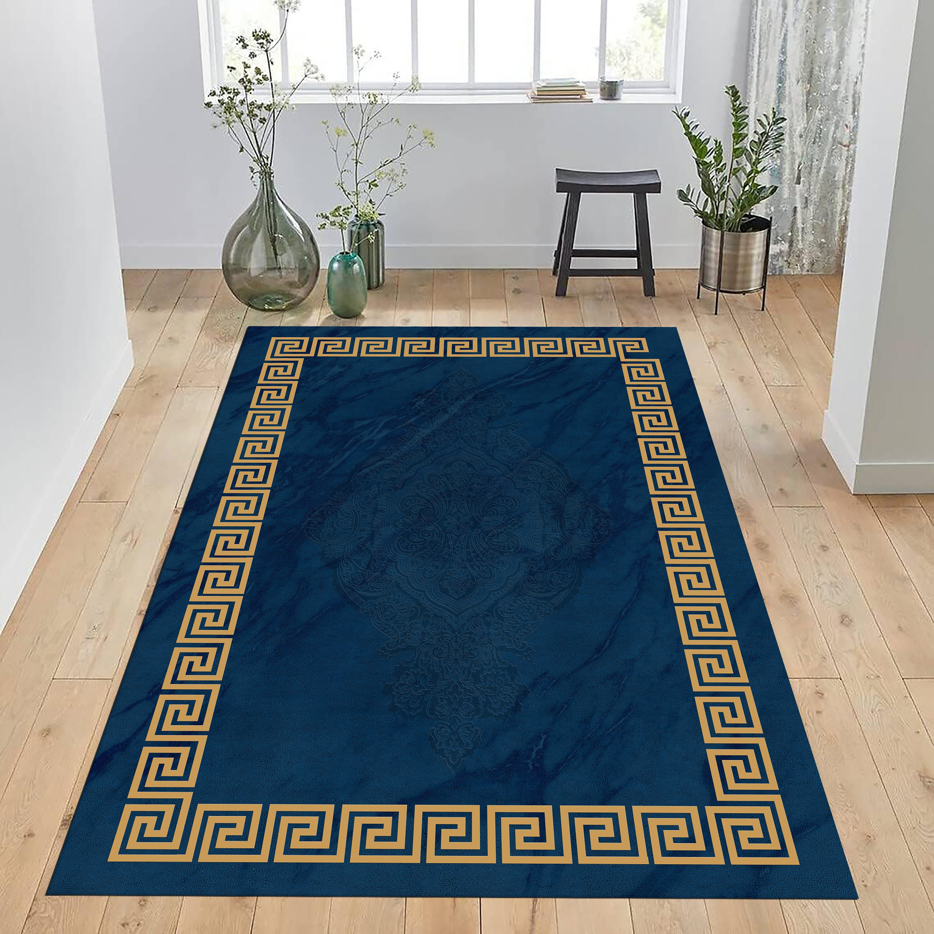 Blue and Gold Greek Key Rug, Modern Area Rug - Etsy