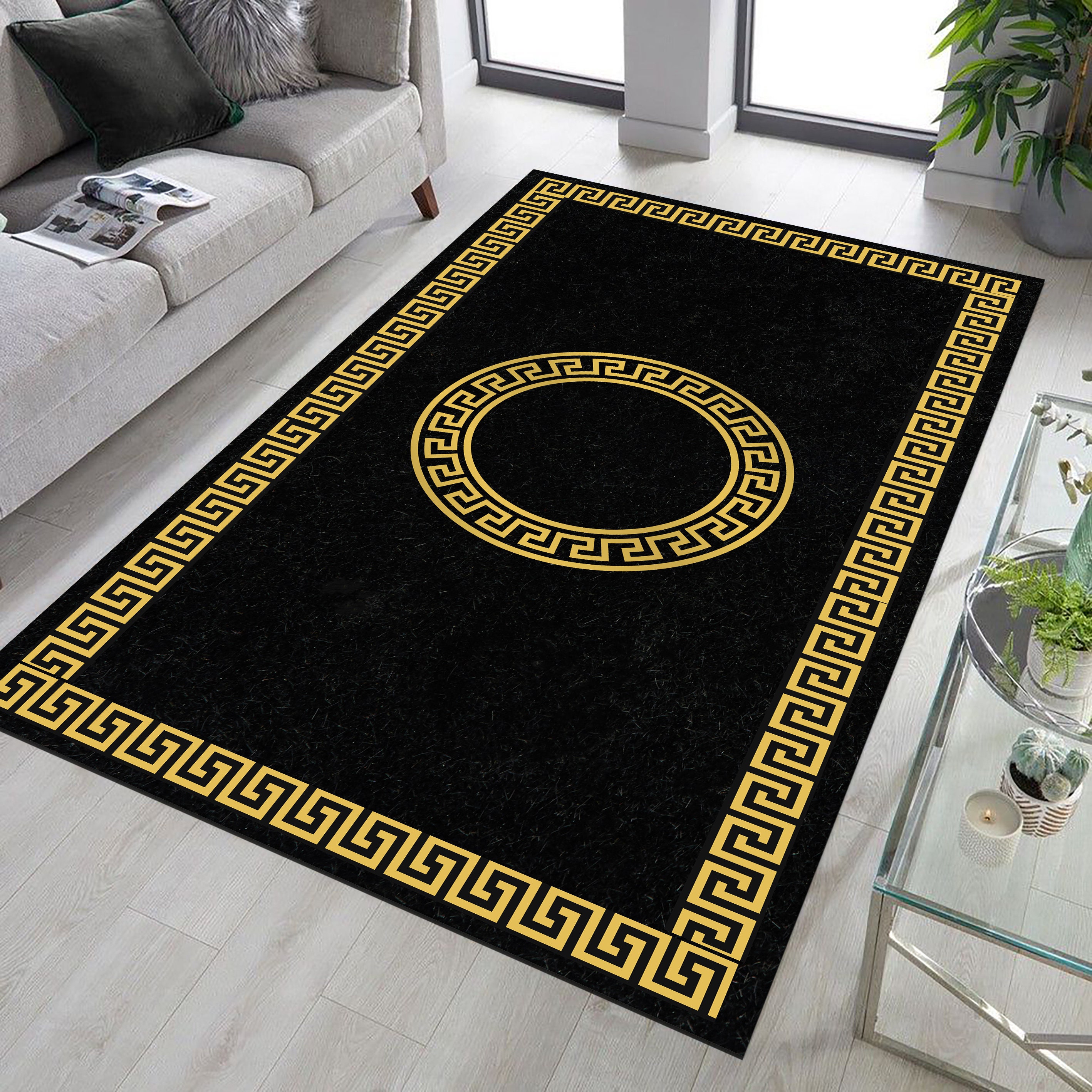 Black and Gold Ancient Greek Wave Rug, Greek Mythology, Modern Rug ...
