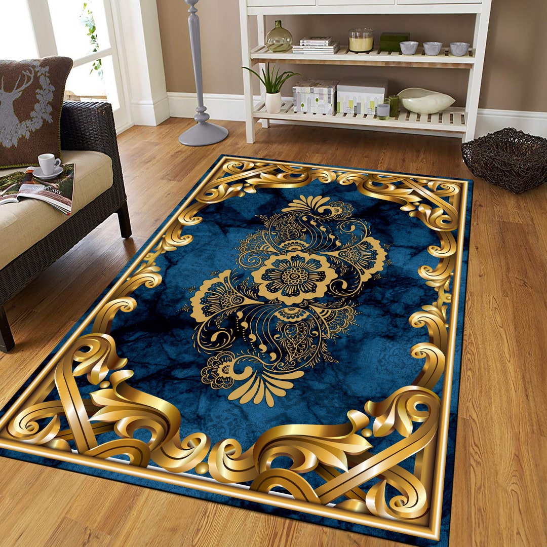 Blue and Gold Oriental Rug, Ethnic Damask Design, Cotton Base - Etsy
