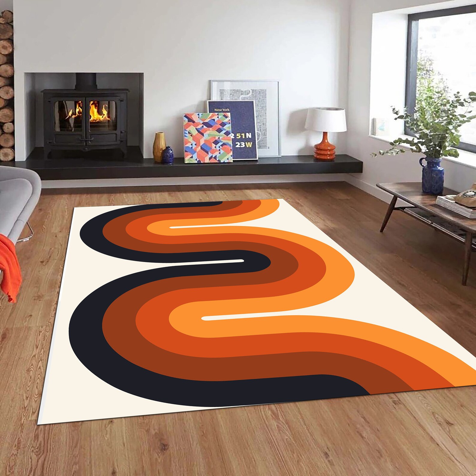 70s Retro Stripes Rug, Abstract Retro Area Rug, Modern Bohemian Carpet ...