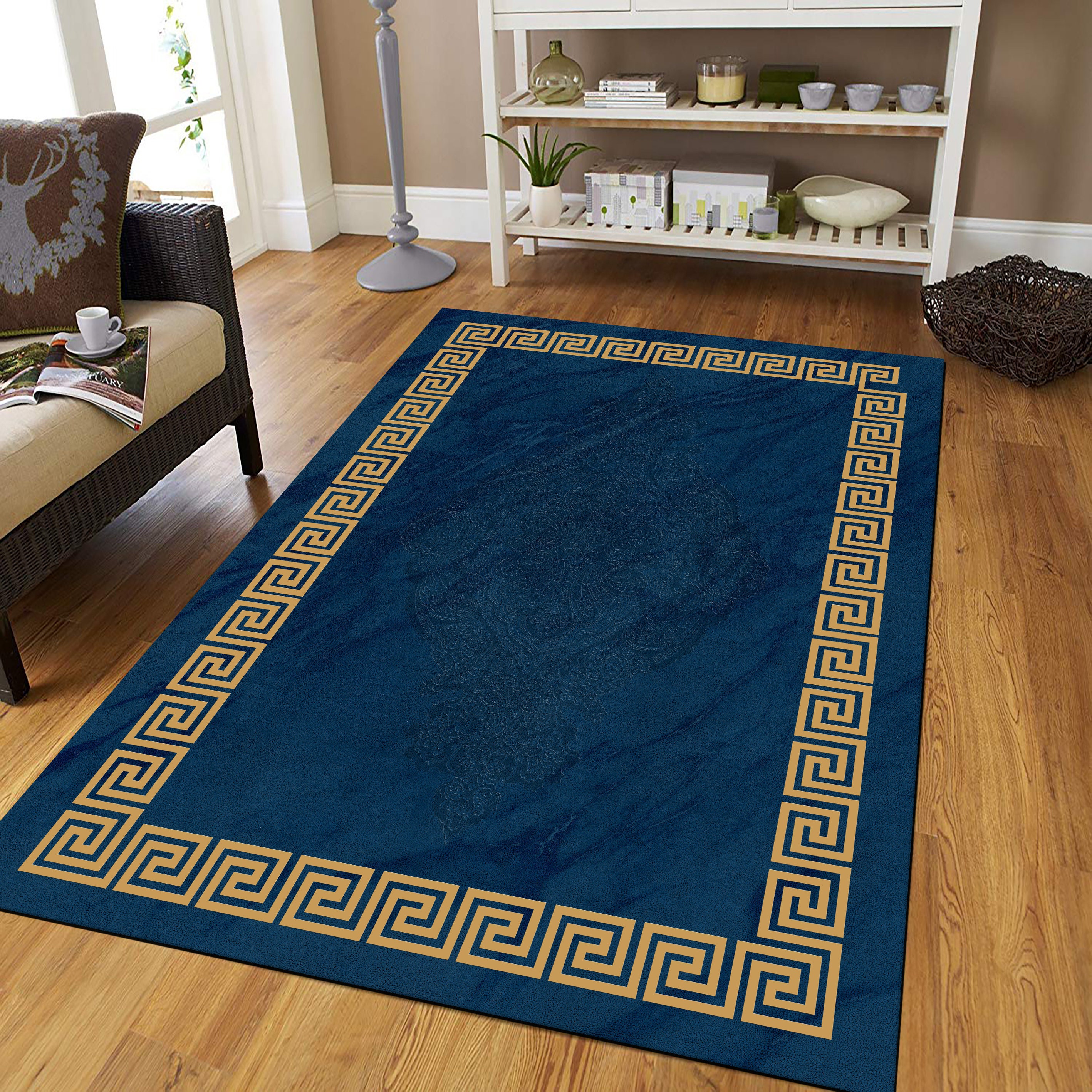 Blue and Gold Ancient Greek Wave Rug, Greek Mythology, Modern Rug ...