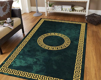 Green and Gold Ancient Greek Wave Rug, Greek Mythology, Modern Rug ...