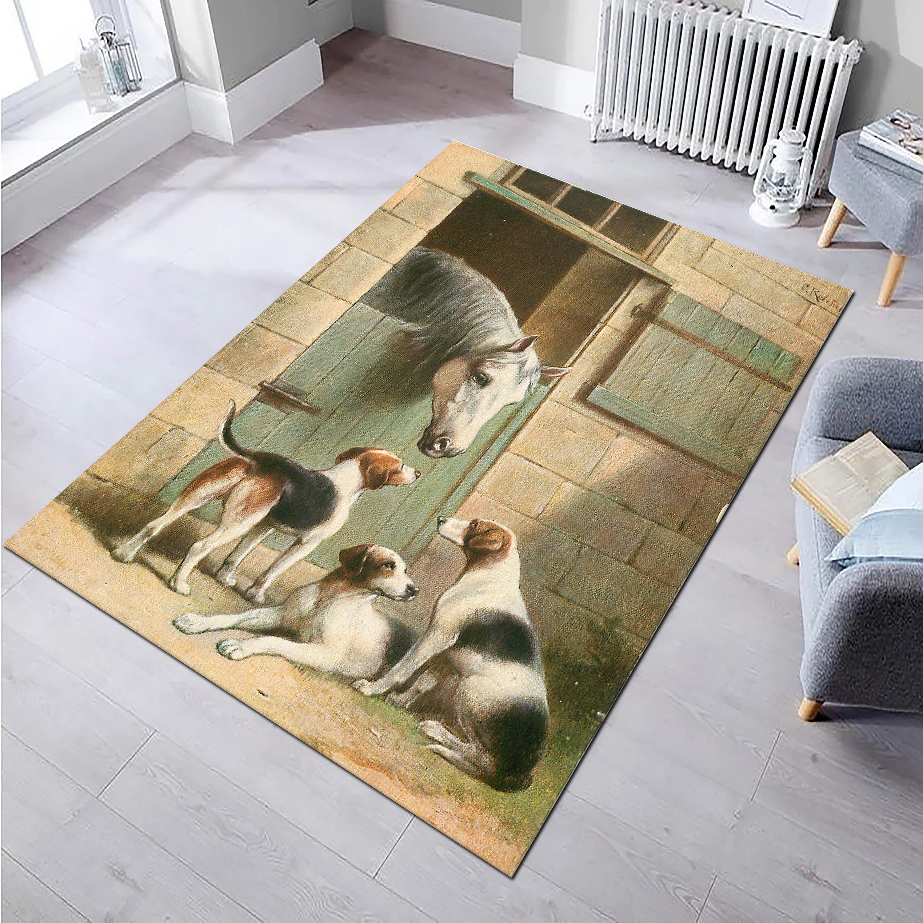 Horse and Dogs Rug, Cute Animal Rug, Farm Rug, Dog Theme Rug, Horse ...