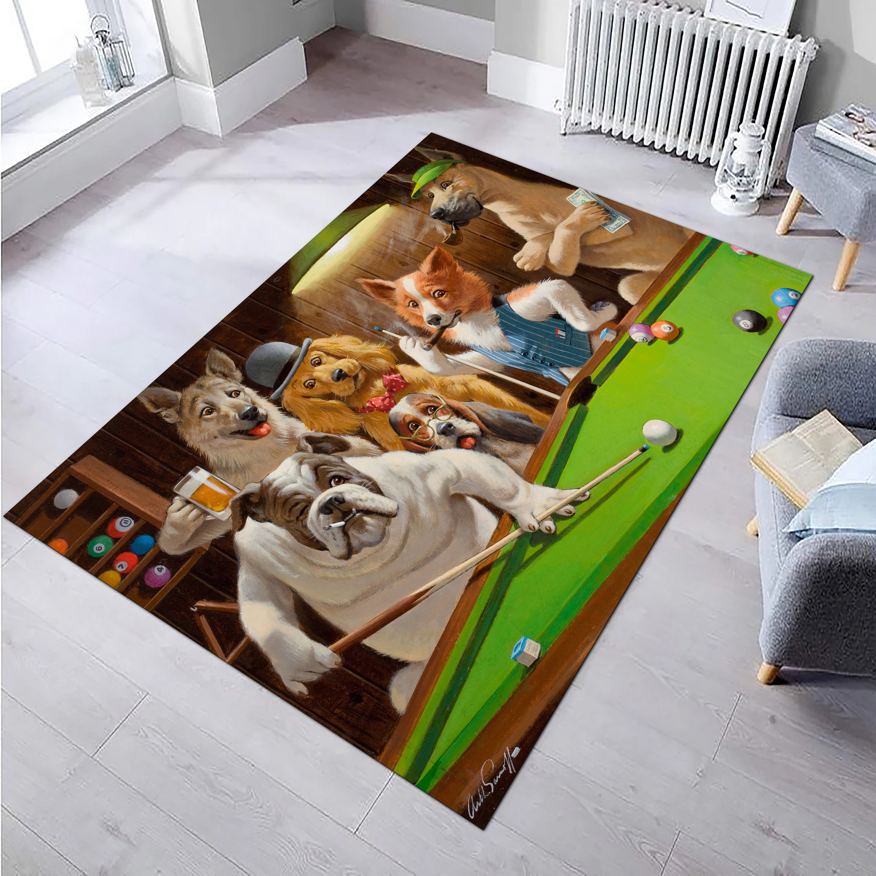 Dogs Playing Pool Rug, Bar Decor, Billiard Rug, Funny Animals Rug ...
