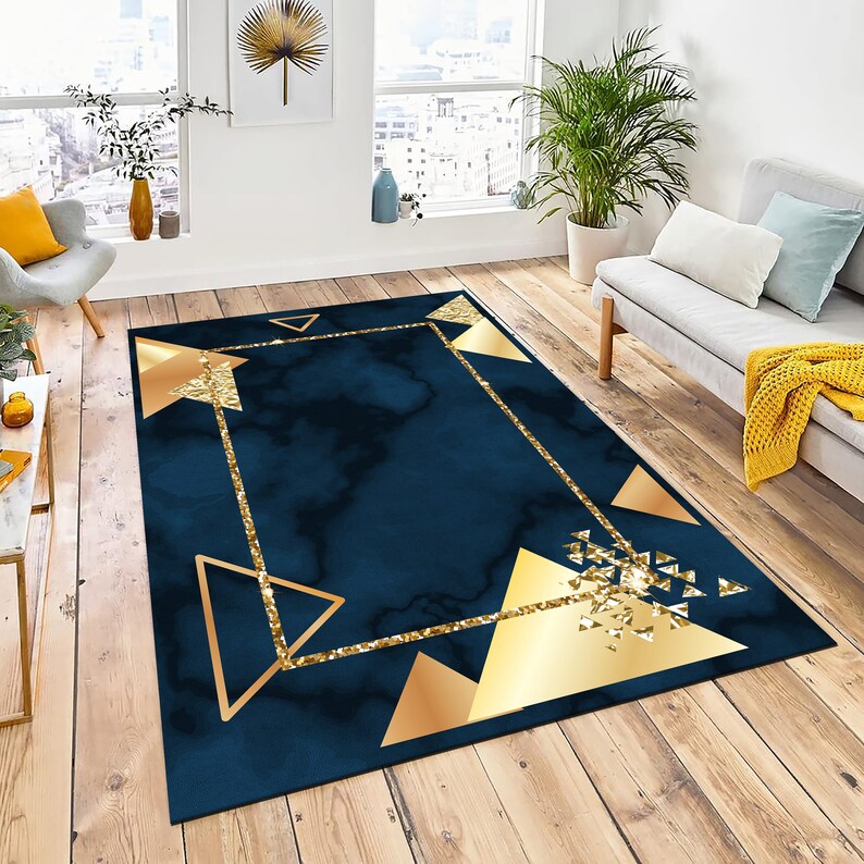 Blue and Gold Marble Texture Rug, Lxuury Home Decor, Modern Rug ...