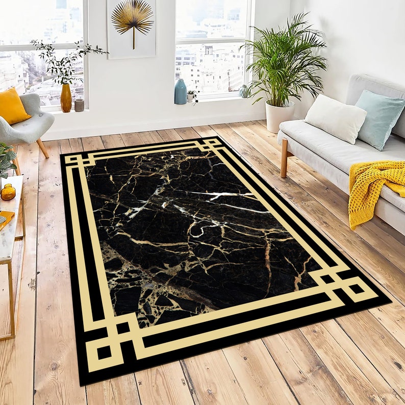 Black and Gold Marble Area Rug, for Living Room, Medusa Carpet, Greek ...
