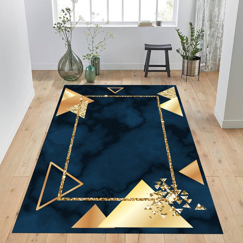 Blue and Gold Marble Texture Rug, Lxuury Home Decor, Modern Rug ...