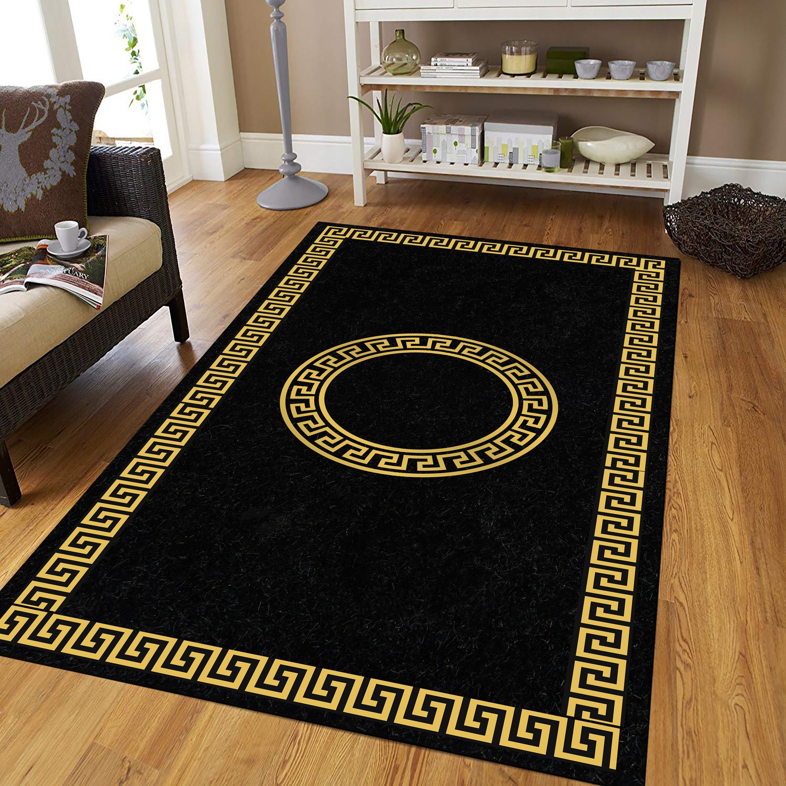 Black and Gold Ancient Greek Wave Rug, Greek Mythology, Modern Rug ...