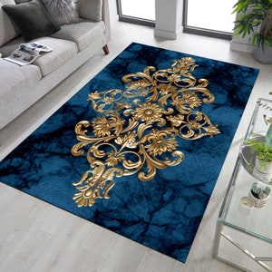 Blue and Gold Damask Rug, Ethnic Design Floral Carpet, Oriental Floor ...