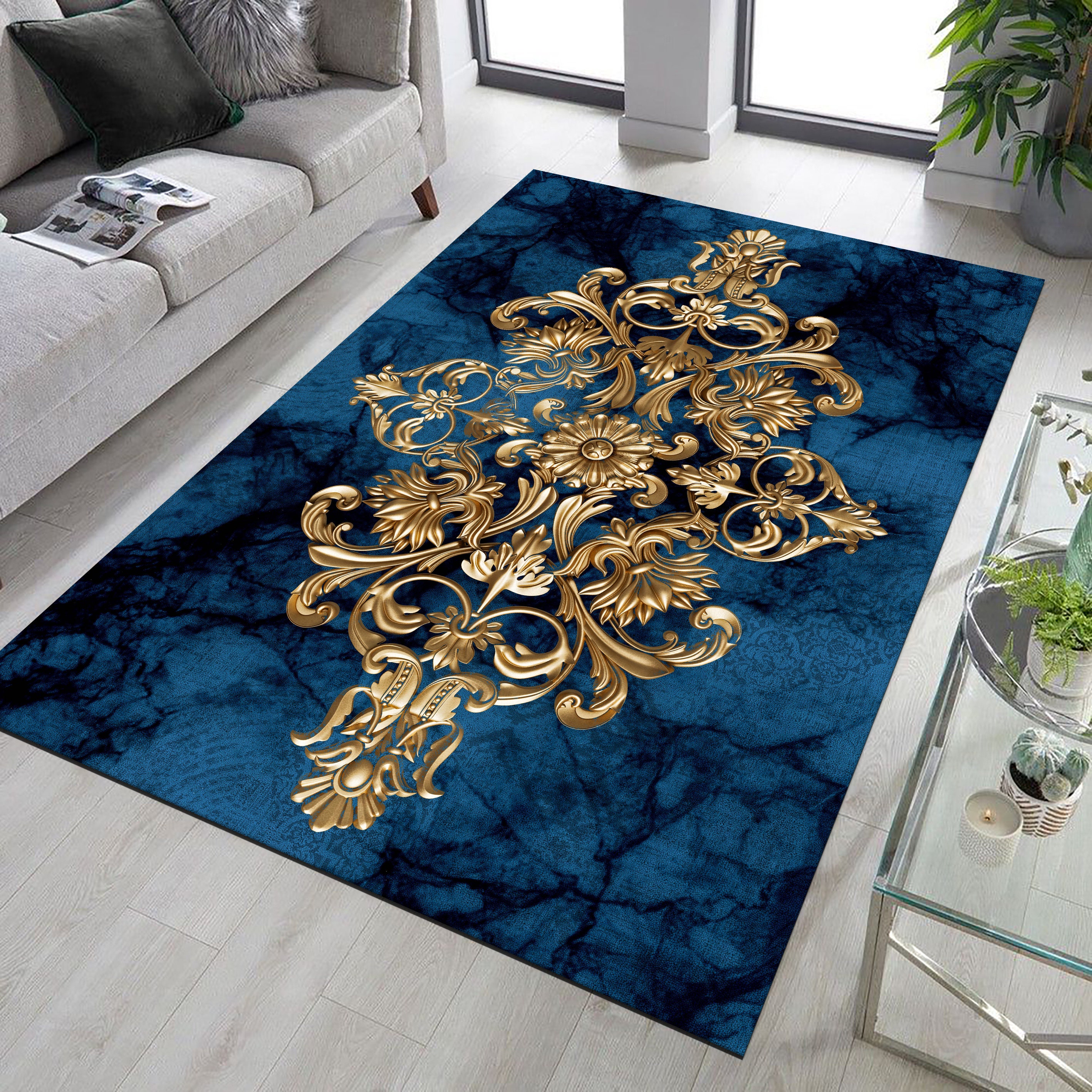 Blue and Gold Damask Rug, Ethnic Design Floral Carpet, Oriental Floor ...