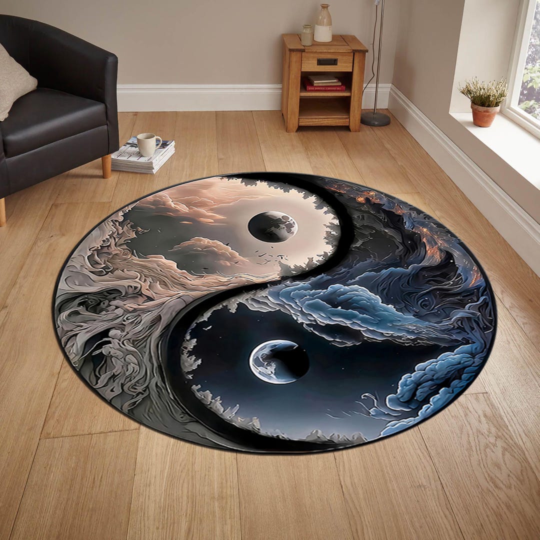 Yin Yang Rug, Sun and Moon, Night and Day Round Rug, Clouds Rug, Living ...