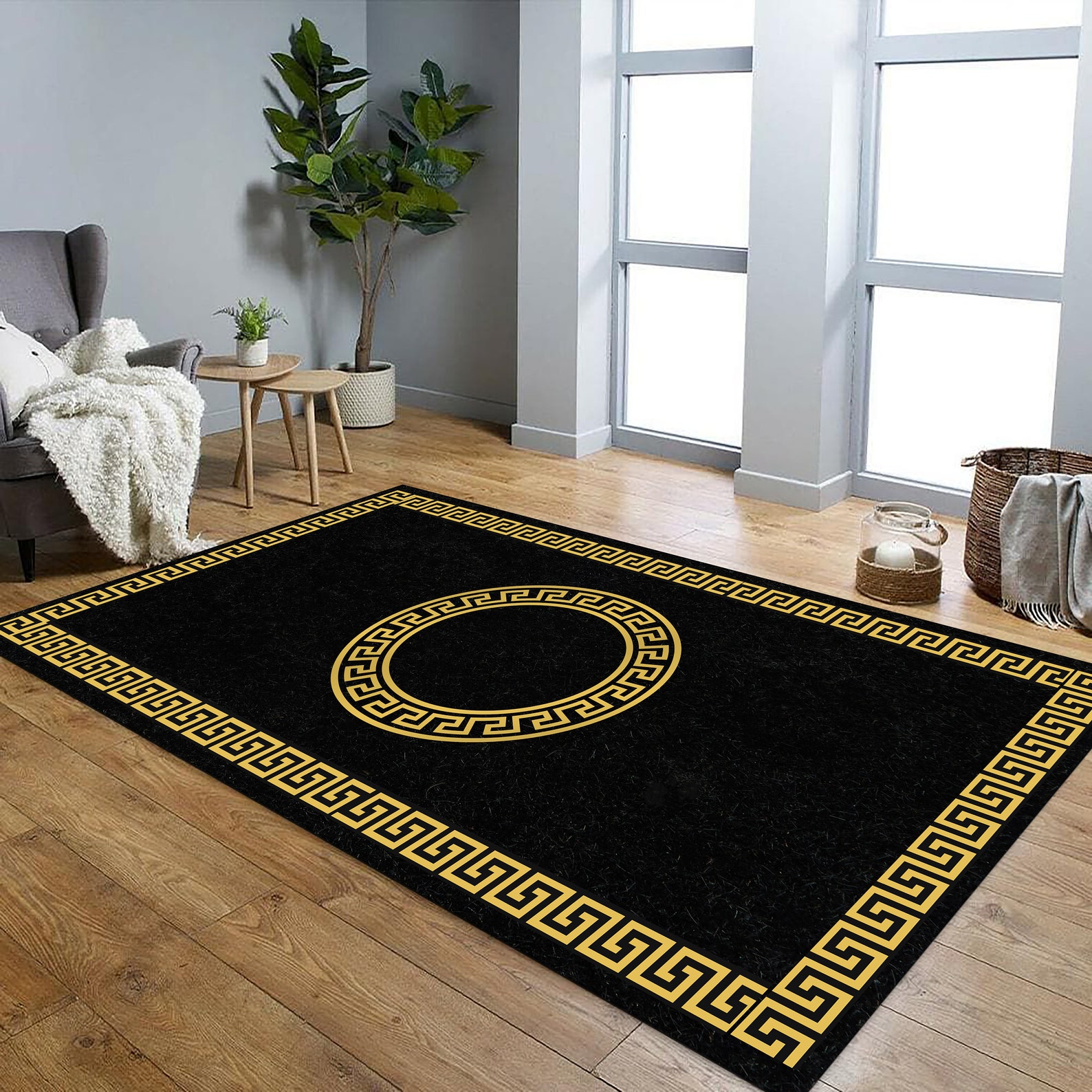 Black and Gold Ancient Greek Wave Rug, Greek Mythology, Modern Rug ...