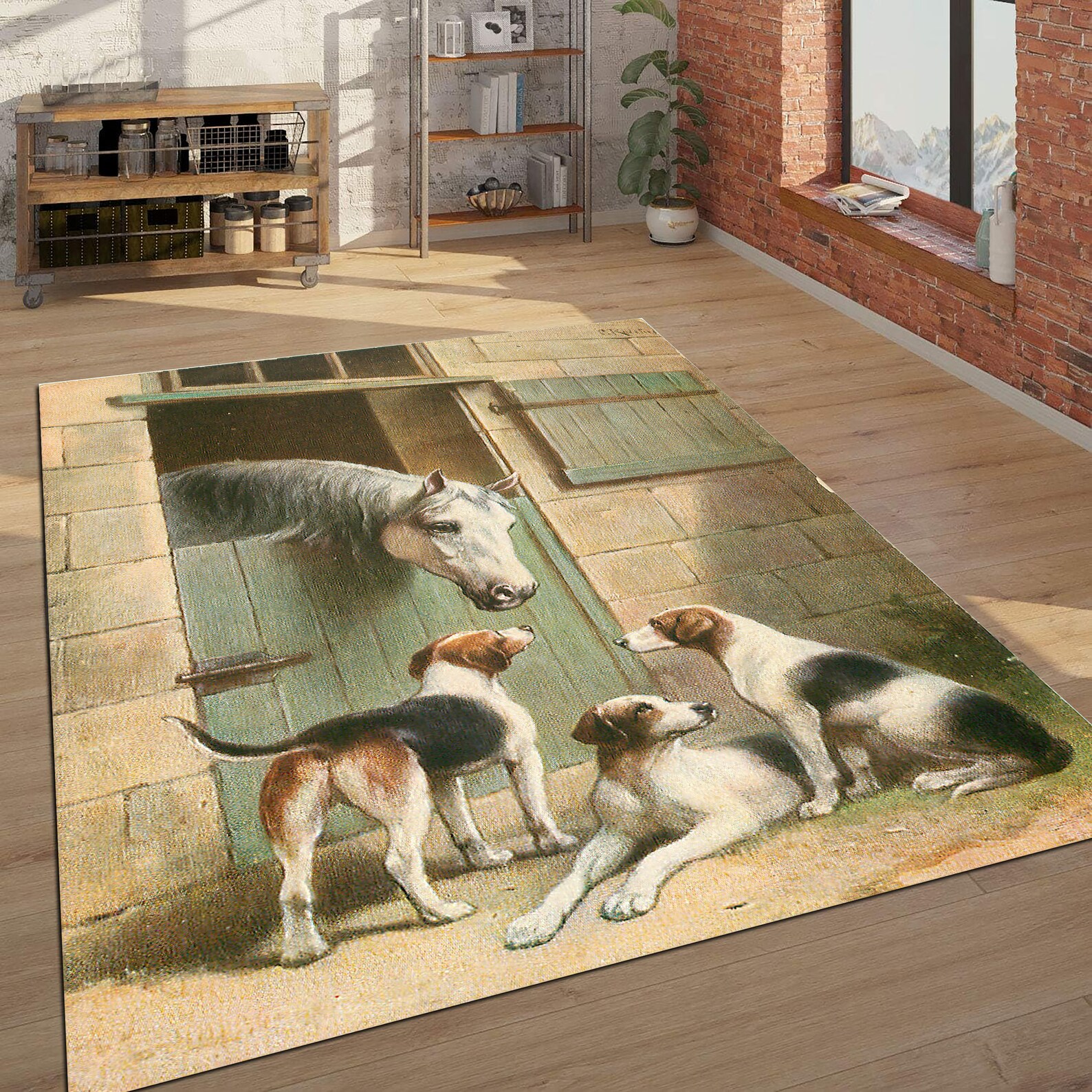 Horse and Dogs Rug, Cute Animal Rug, Farm Rug, Dog Theme Rug, Horse ...