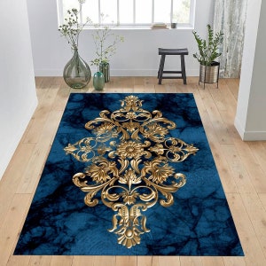 Blue and Gold Damask Rug, Ethnic Design Floral Carpet, Oriental Floor ...