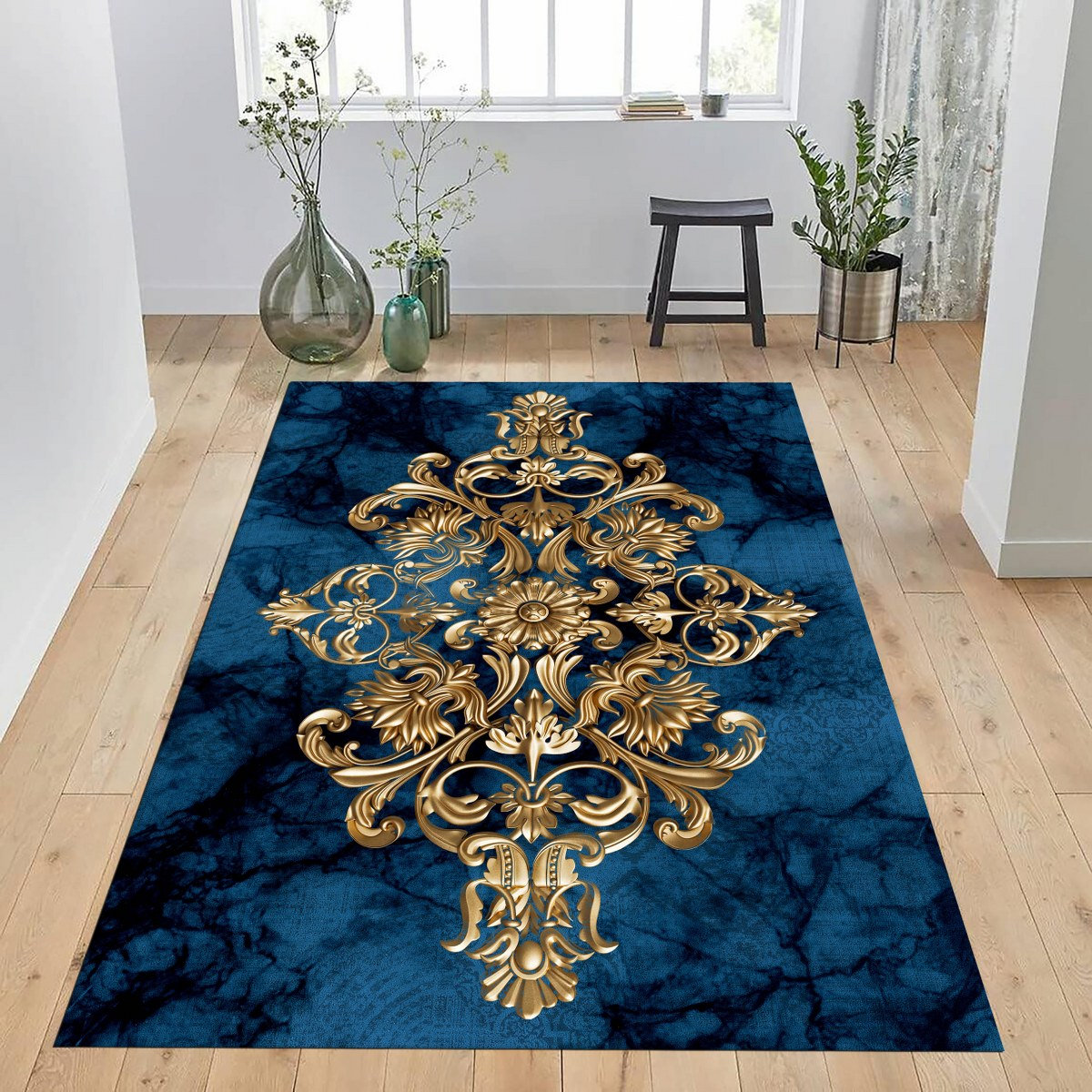Blue and Gold Damask Rug, Ethnic Design Floral Carpet, Oriental Floor ...